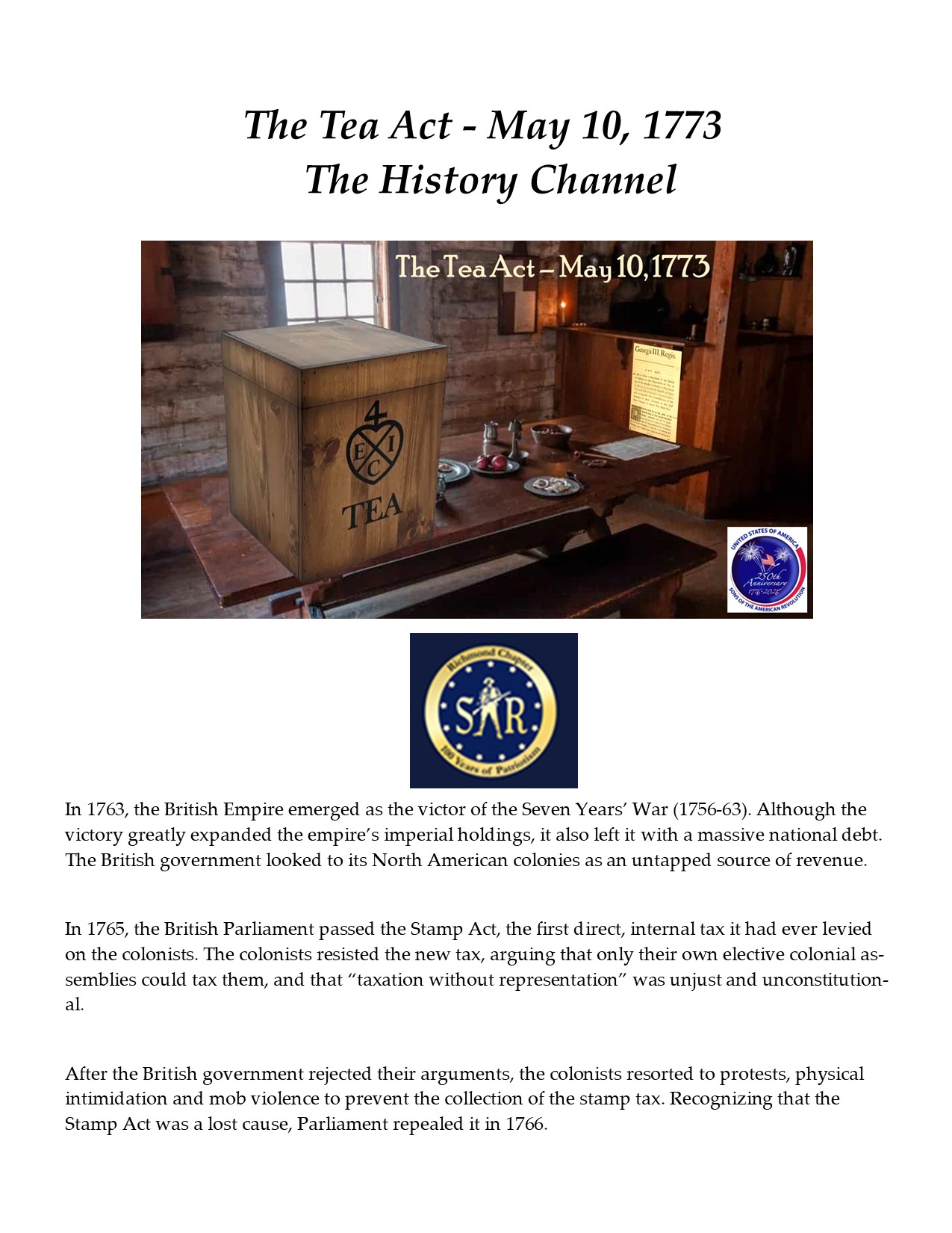 Richmond Chapter Remembers Tea Act